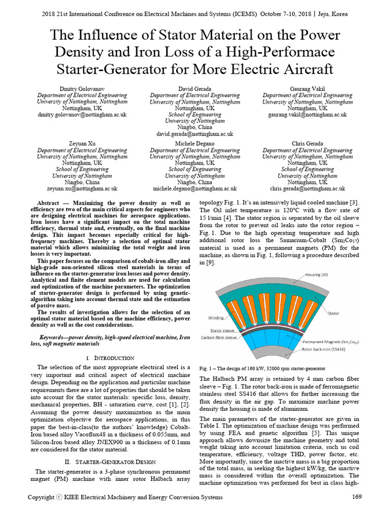 The Influence of Stator Material On The Power Density and Iron Loss of A High-Performace Starter ...