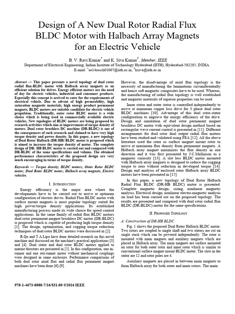 Design of A New Dual Rotor Radial Flux BLDC Motor With Halbach Array ...