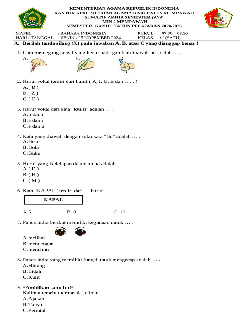 Sas Bindo Kelas 1 Sem1-2024 | PDF