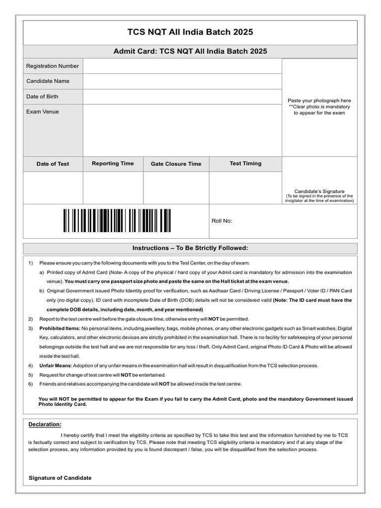TCS NQT 2025 Admit Card Instructions | PDF | Identity Document ...
