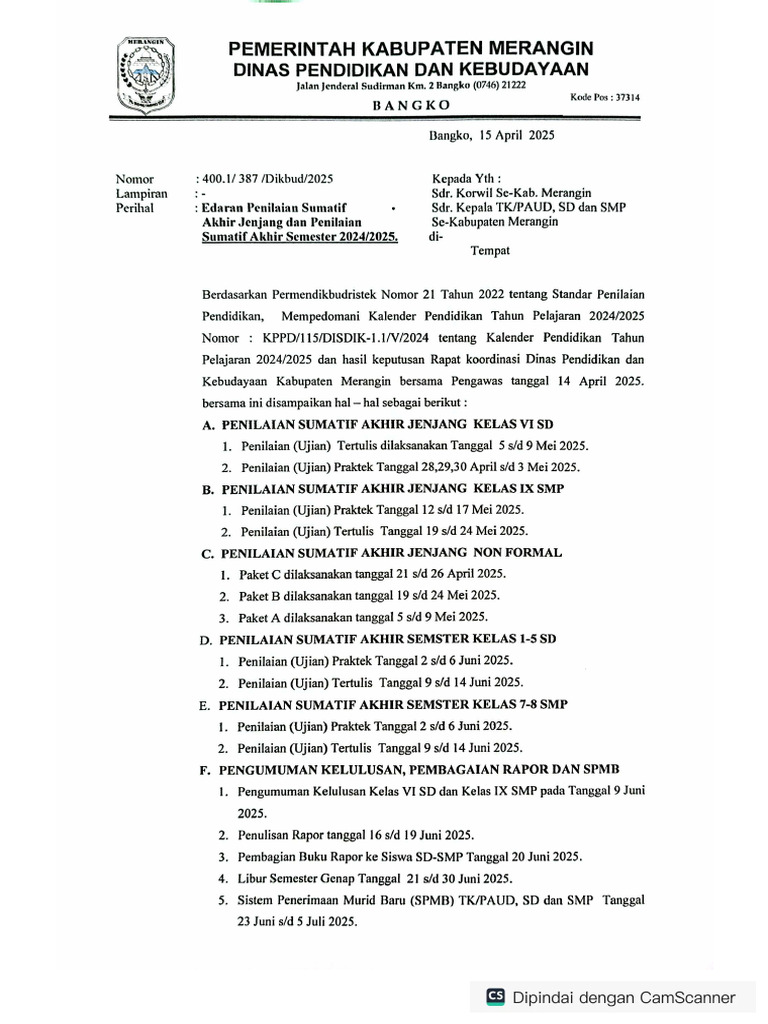 Edaran Ujian Akhir Jenjang, Ujian Semester, SPMB | PDF