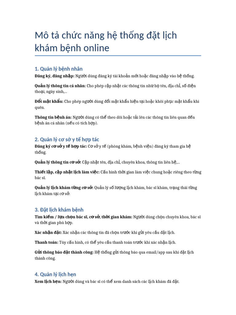 Mo Ta Chuc Nang He Thong Kham Benh Online | PDF