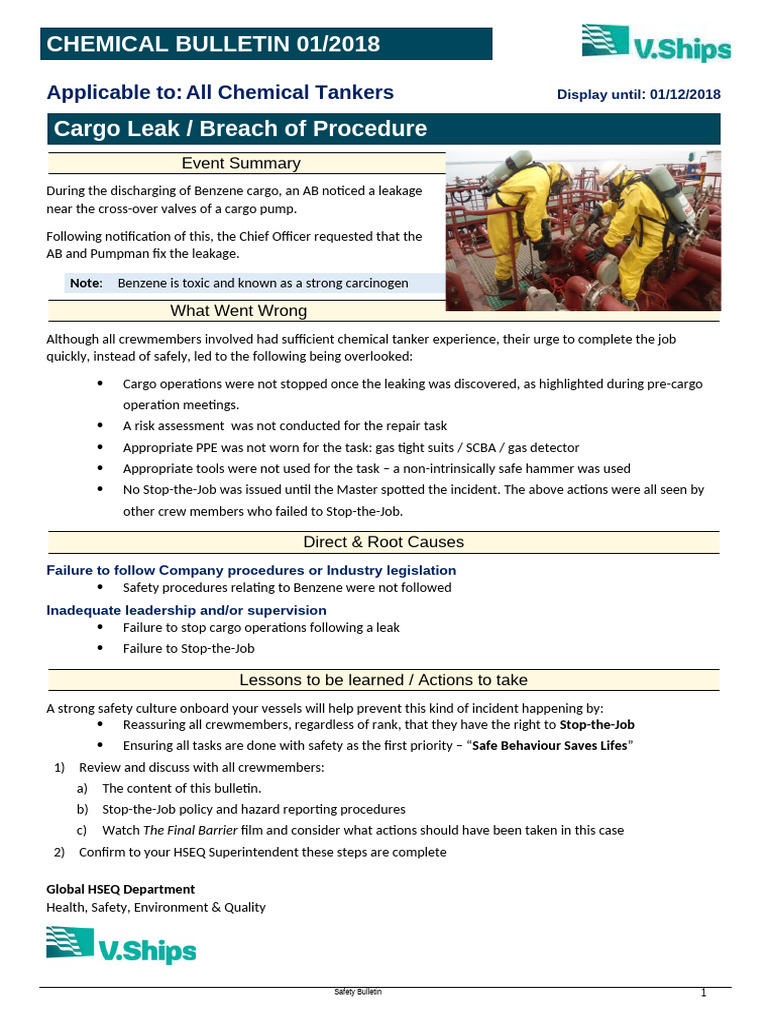Safety Bulletin 01-18 - Cargo Leak Breach of Procedure | PDF | Leak ...