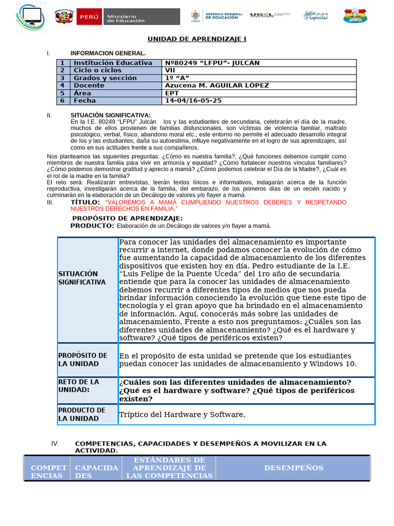Unidad de Aprendizaje 2-1° A EPT | PDF | Aprendizaje | Evaluación