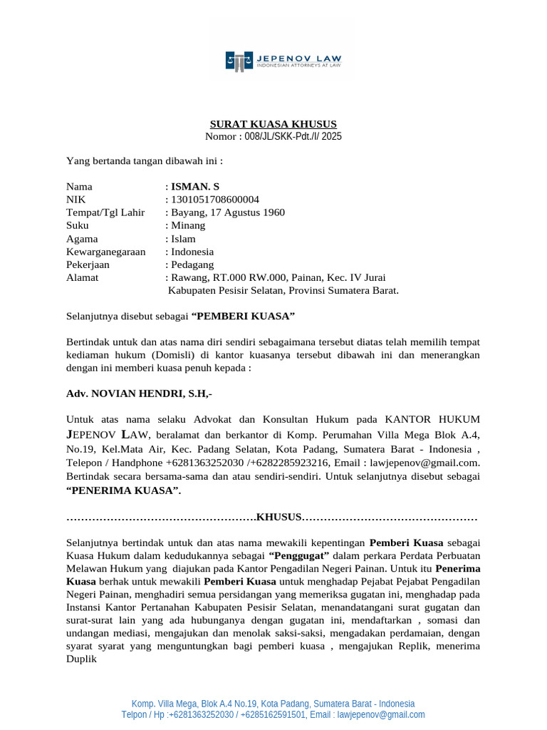 Surat Kuasa Gugatan PMH Isman | PDF