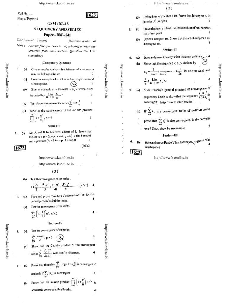 BSC 4 Sem Mathematics Sequences and Series 1623 M 2018 | PDF