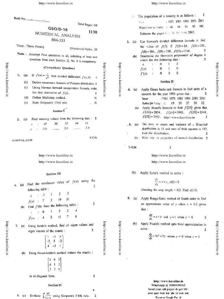 BSC 5 Sem Mathematics Numerical Analysis 1130 D 2016 | PDF