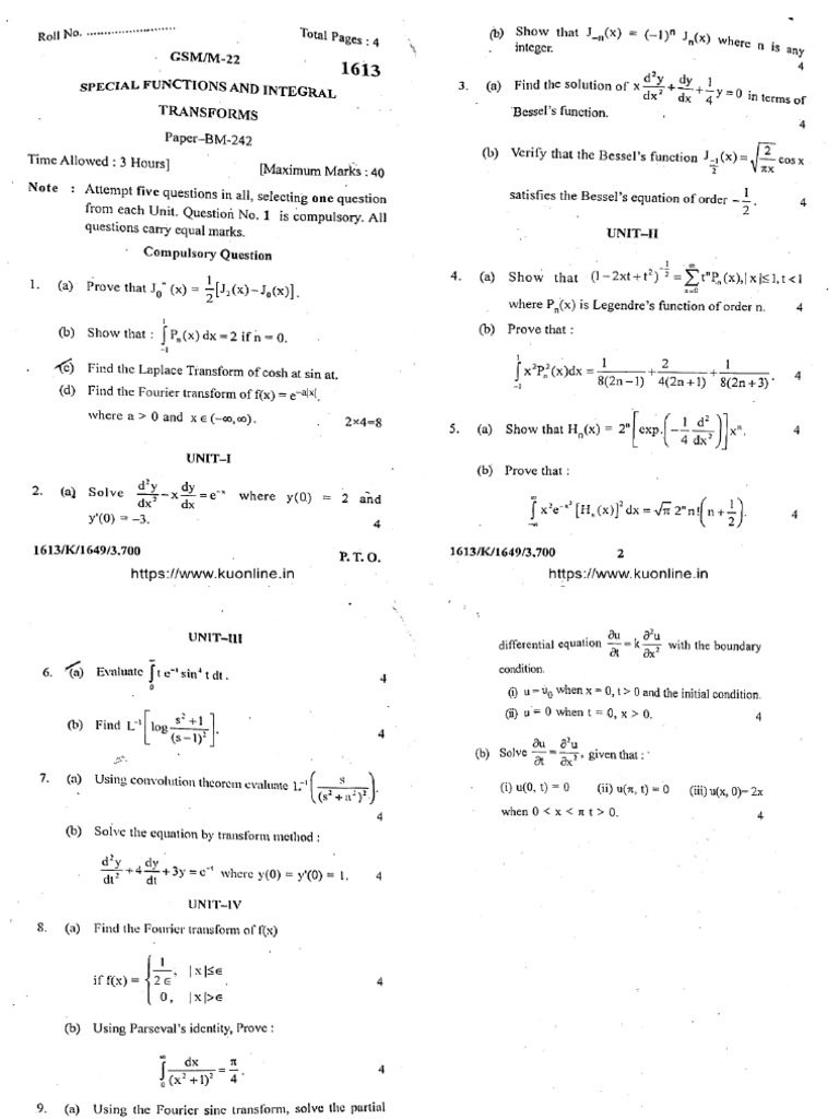 Ba BSC 4 Sem Special Functions and Integral Transforms 1613 May 2022 | PDF