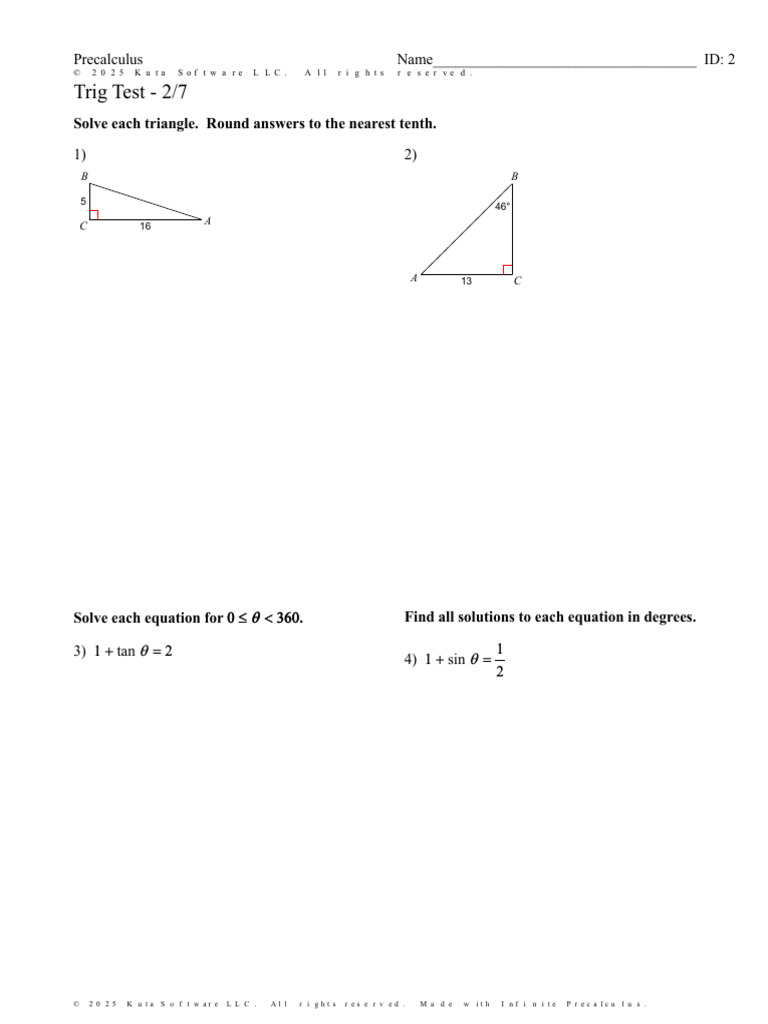 Precalculus Trigonometry Test Solutions | PDF