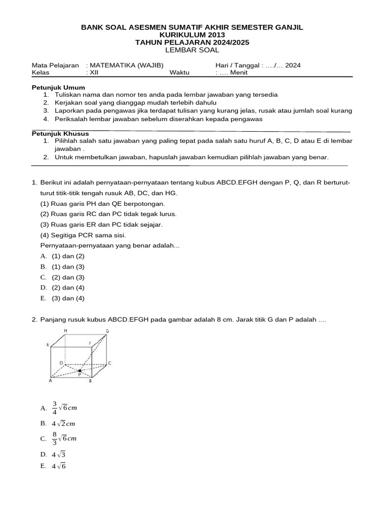 Mat Wajib - Kelas - XII - K13 - Soal | PDF