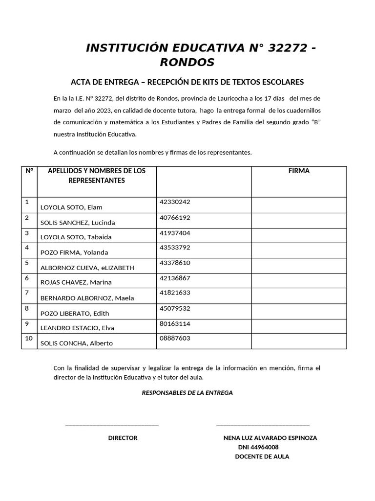 Acta de Entrega de Libros 2b | PDF