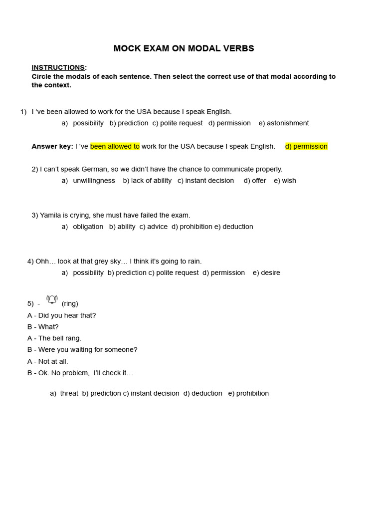 MOCK EXAM ON MODAL VERBS - Id + Use | PDF