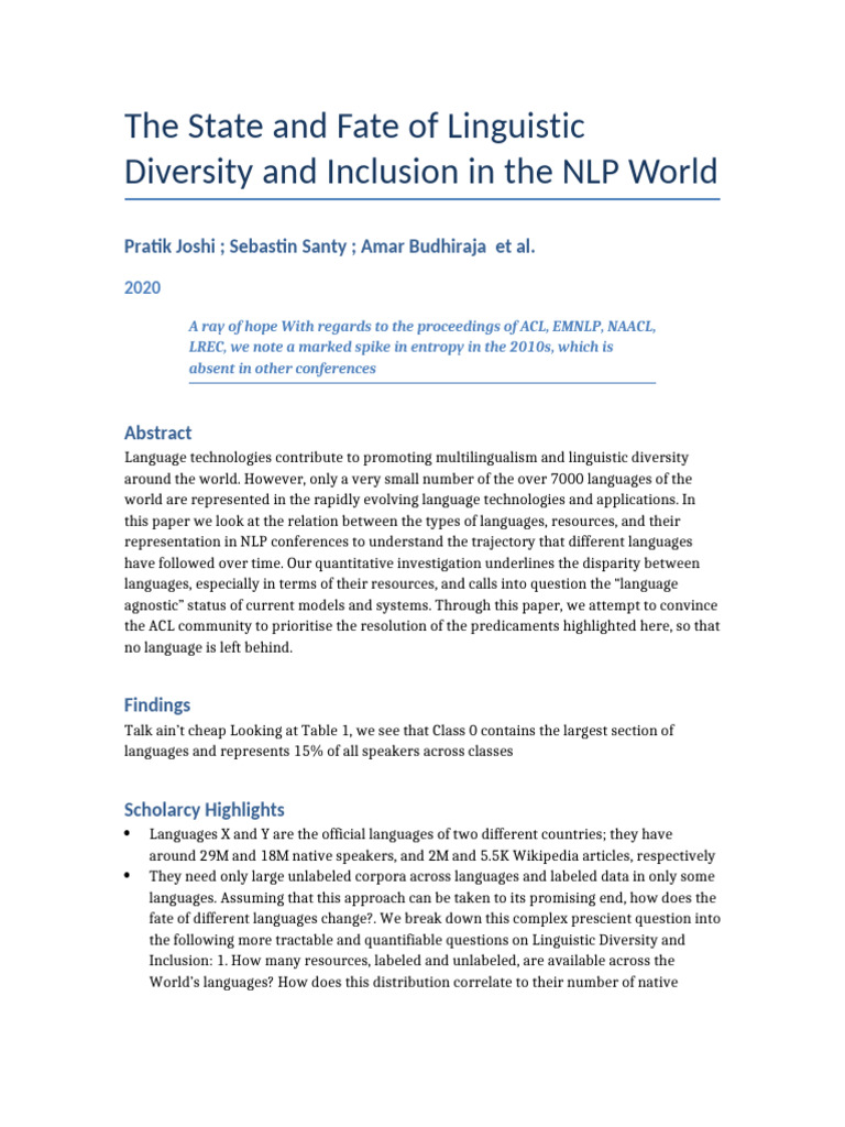 Linguistic Diversity in NLP: A Call to Action | PDF | Data | Learning