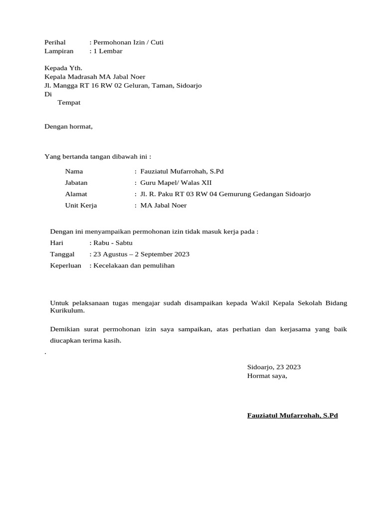 SURAT IJIN-CUTI Agustus | PDF