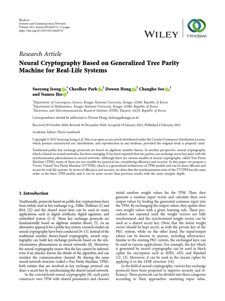 Research Paper 1 Neural Cryptography Based On Generalized Tree Parity ...