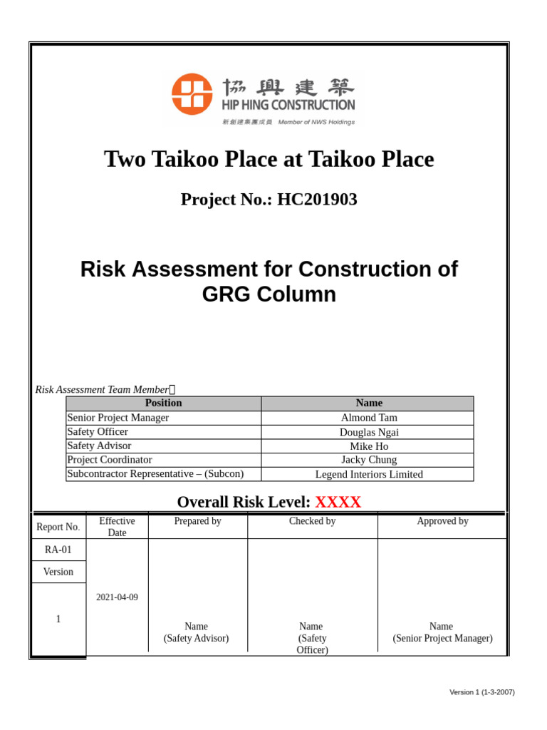 Risk Assessment For Construction of GRG Column | PDF | Risk | Truck