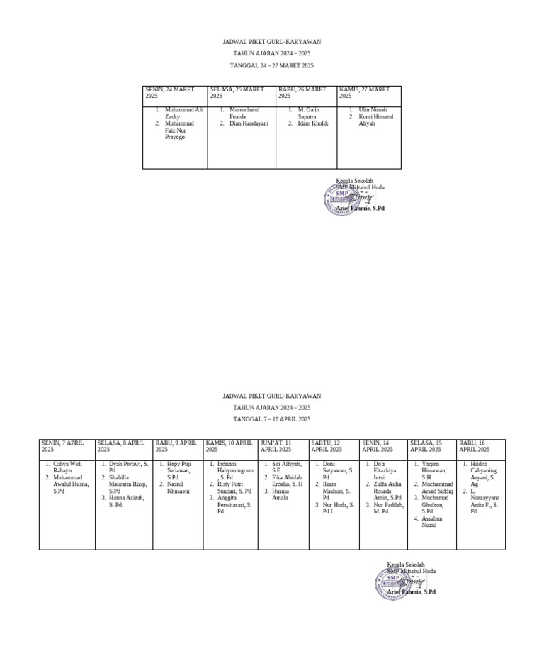 Jadwal Piket Guru 2024-2025 | PDF