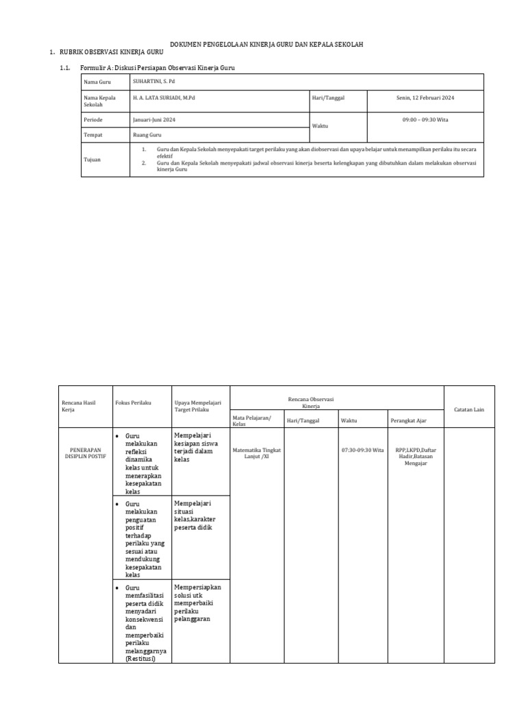 Format Rubrik Observasi Kinerja Guru | PDF