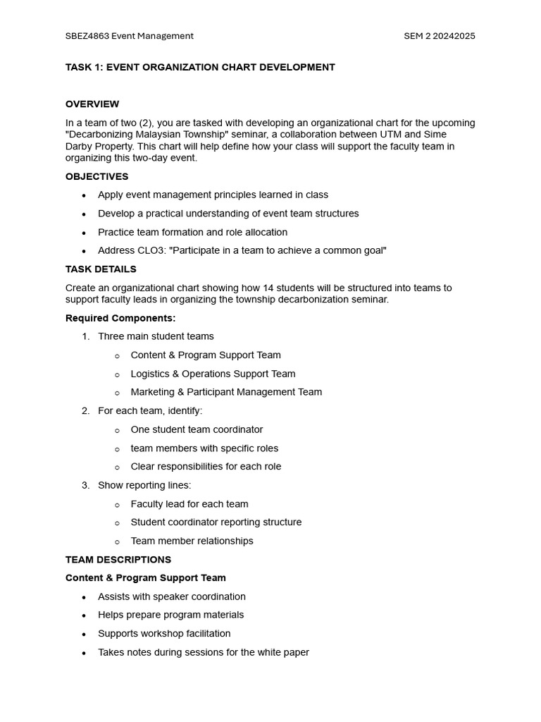 Task 1 - Event Organization Chart Development | PDF