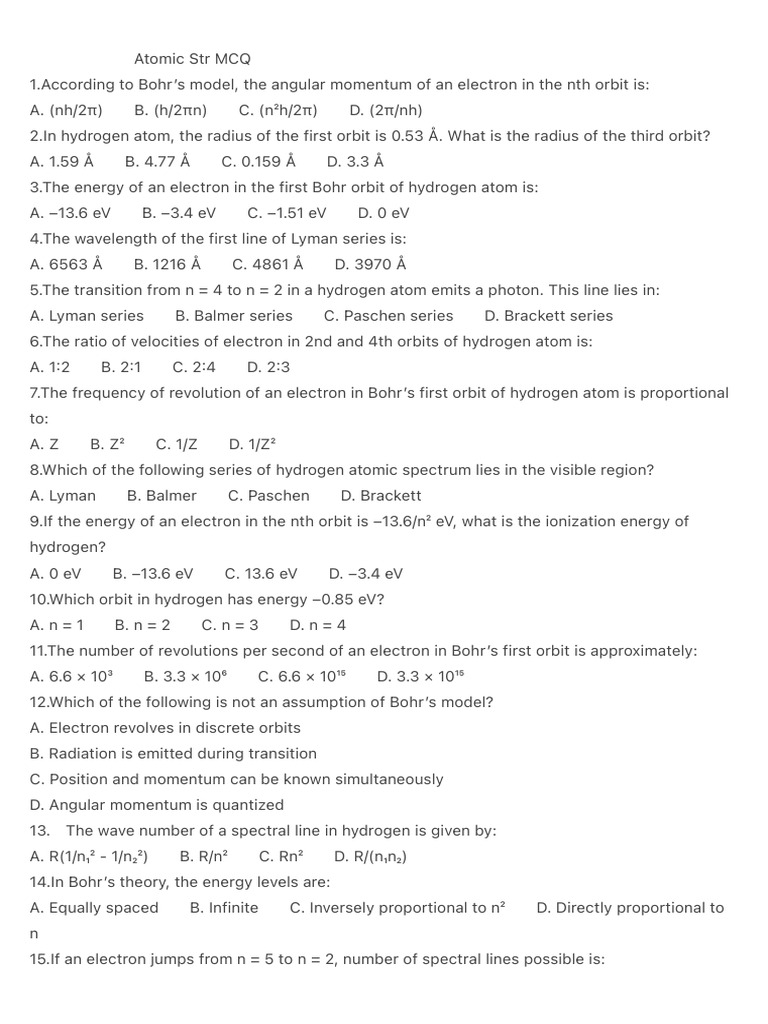 Atomic Structure MCQs for Students | PDF | Electron | Spectral Line