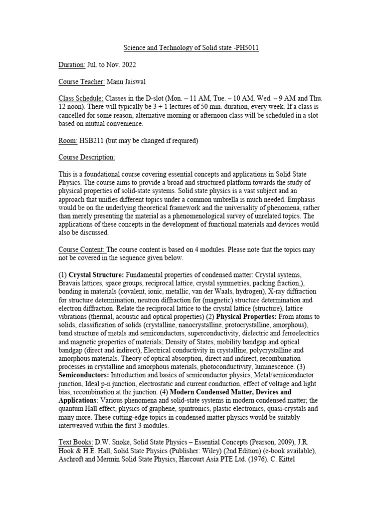 PH5011 Science and Technology of Solid State - Course Outline | PDF | Solid State Physics ...