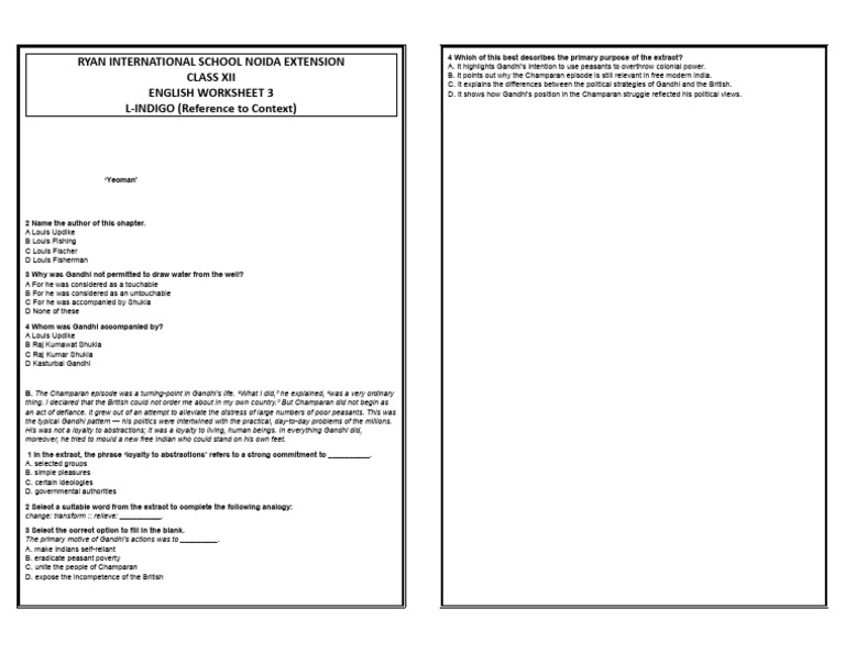 Class 12 - Worksheet 3 - Indigo RTC | PDF | Mahatma Gandhi