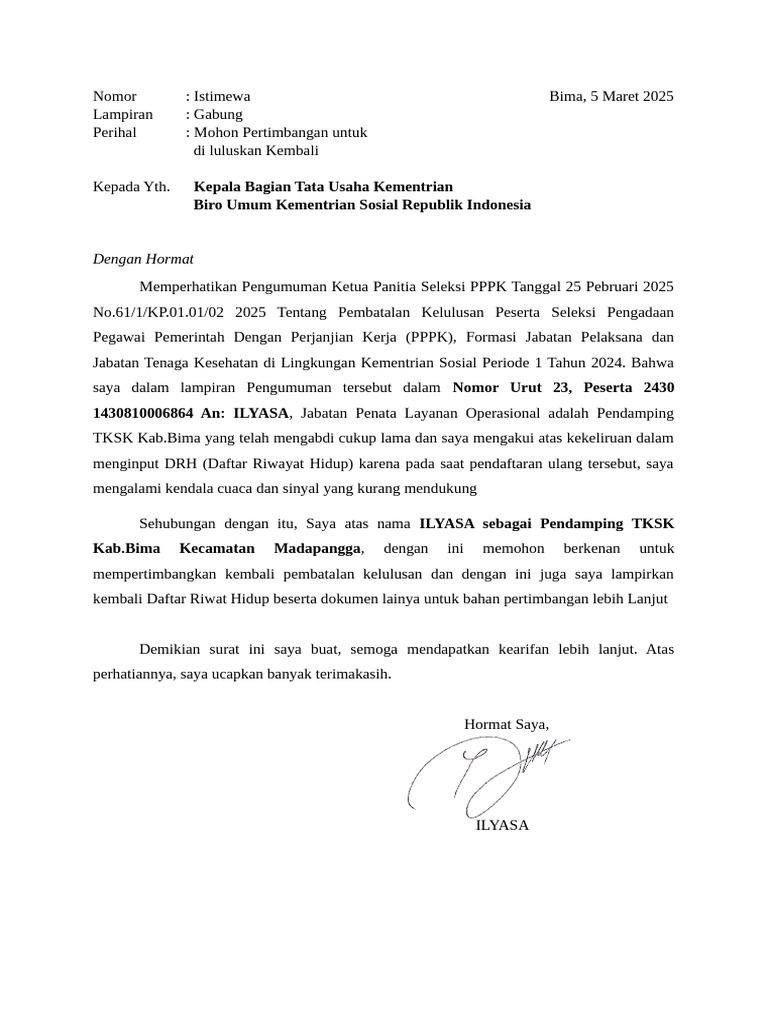 Surat Permohonan Diluluskan Kepada Biro Umum Kemensos Pdf