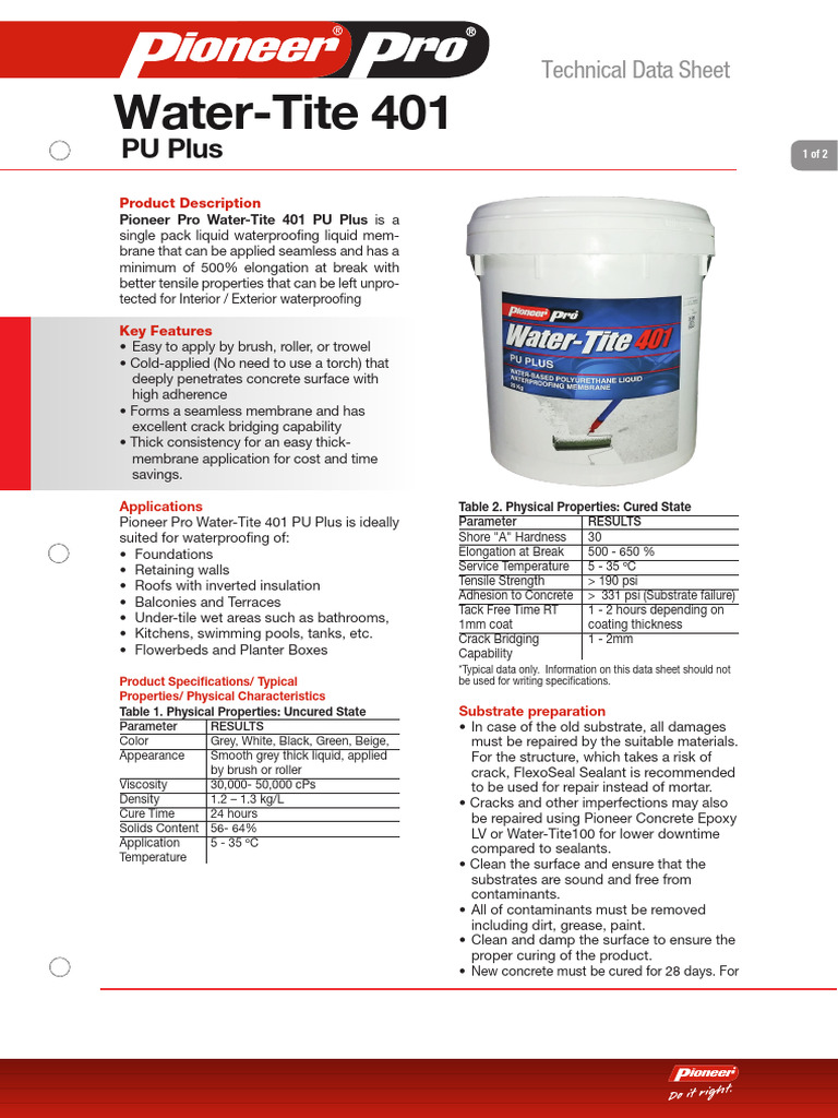 Pioneer Pro Water-Tite 401 Overview | PDF | Concrete | Legal Liability