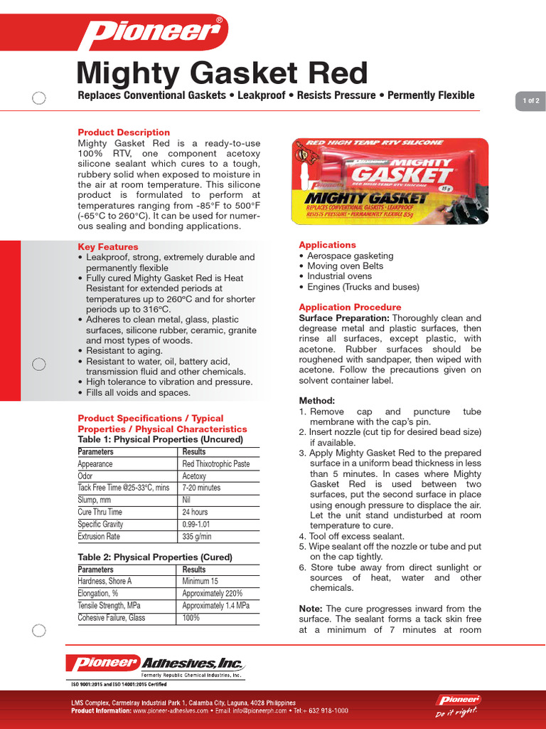 TDS Pioneer Mighty Gasket Red | PDF | Silicone | Materials