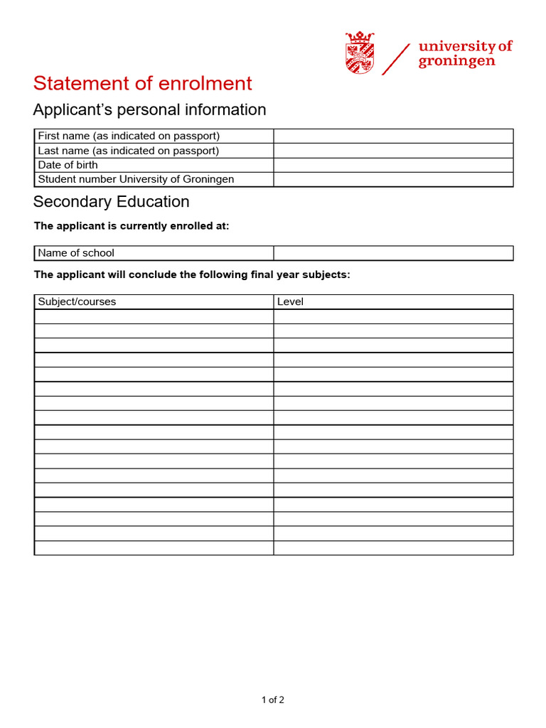 Statement of Enrolment Unigroningen | PDF