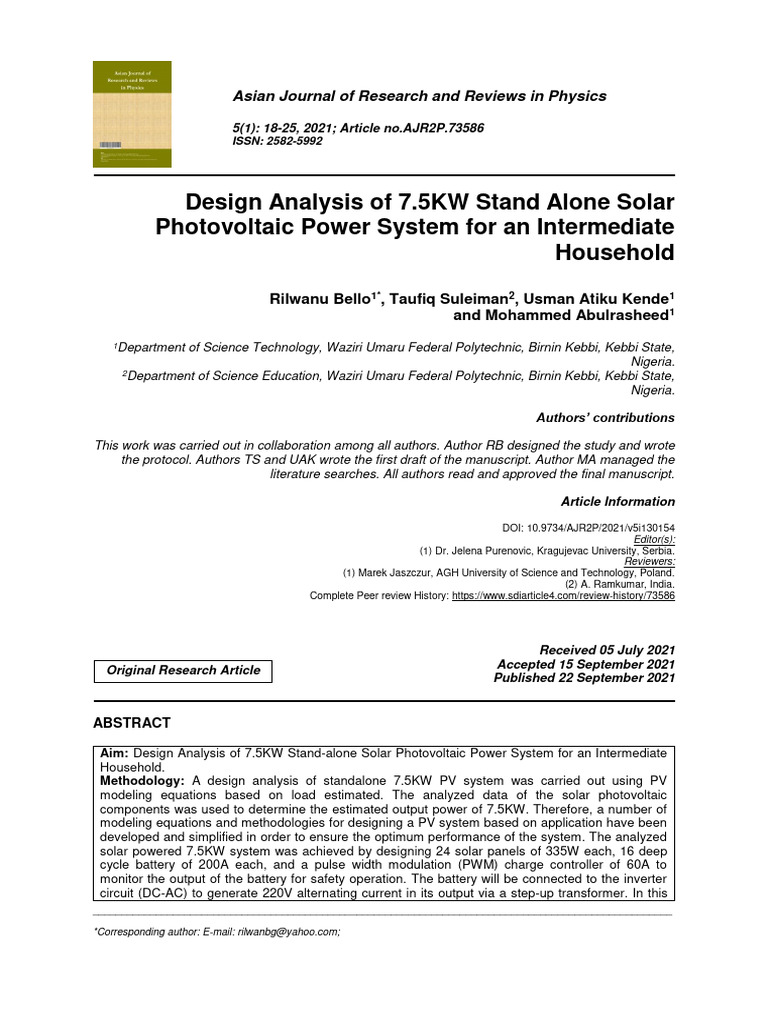 Design_Analysis_of_7_5KW_Stand_Alone_Sol | PDF | Photovoltaic System ...