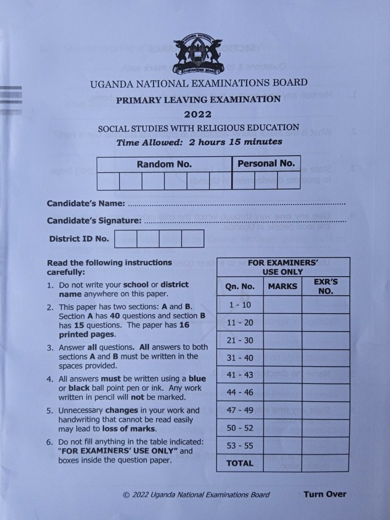 PLE 2022 Social Studies Exam Paper | PDF | East Africa | Uganda