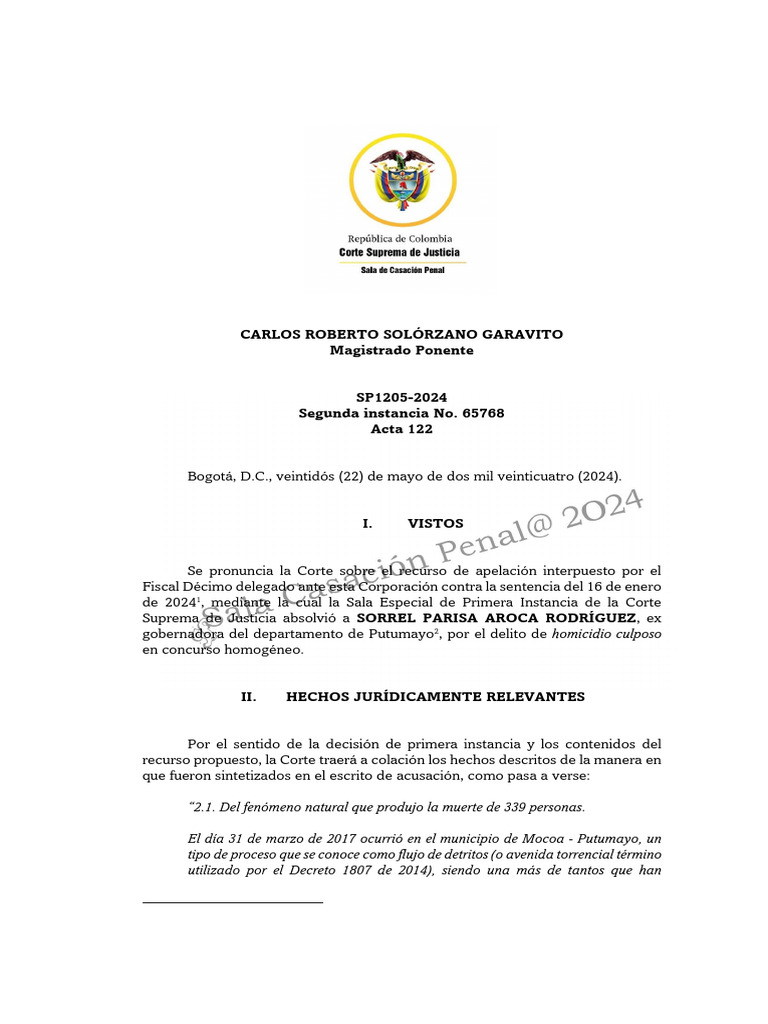 Lectura 15.1. SP1205-2024(65768). La Tragedia de Mocoa. Imputable Al ...