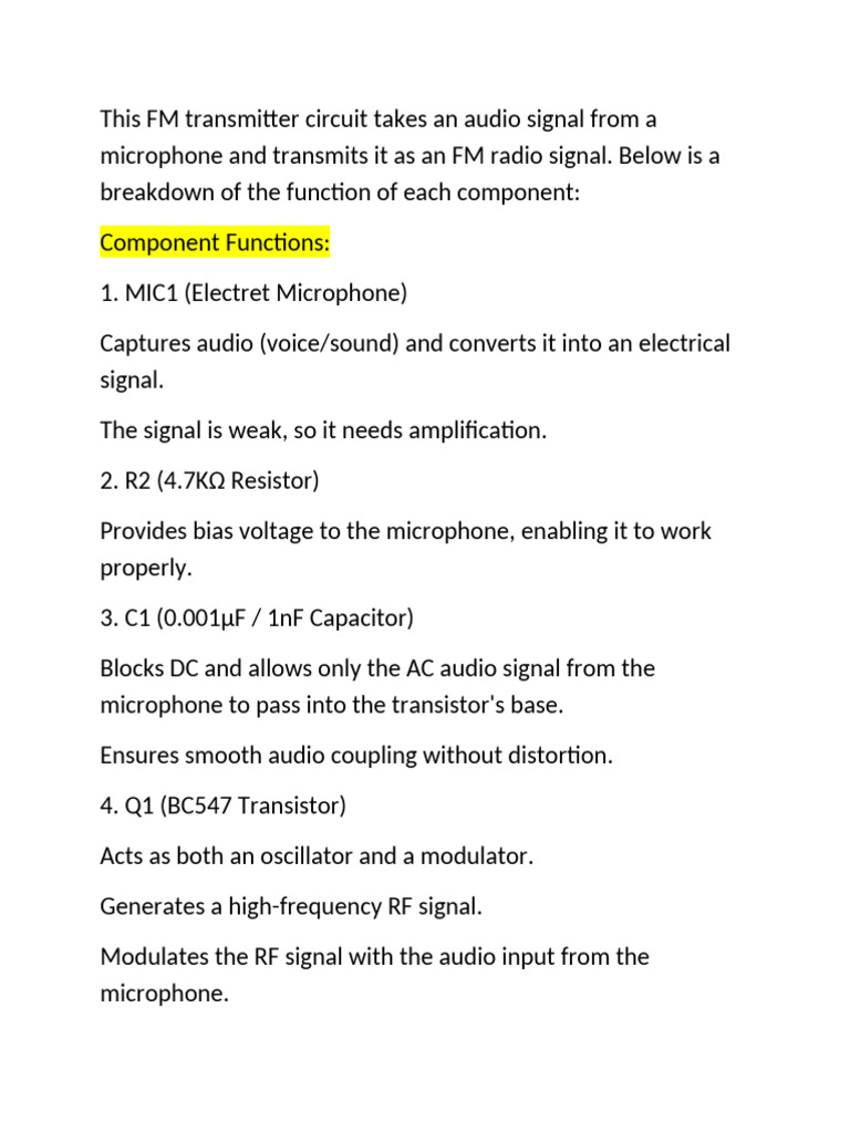 FM Transmitter Components Fuction | PDF | Frequency Modulation | Radio