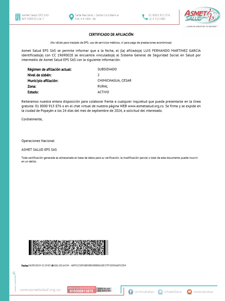 Asm Cert Afiliacion 19690028 Luis Fernando Martinez Garcia | PDF