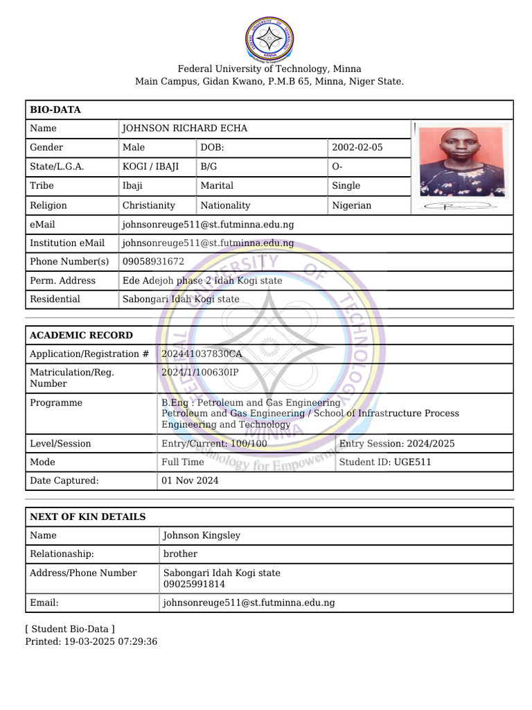 JOHNSON RICHARD ECHA - Bio - Data | PDF