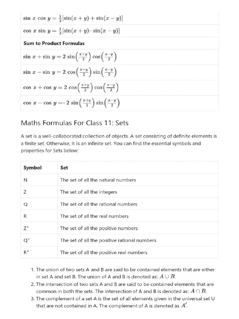+1 Maths Formulas | PDF