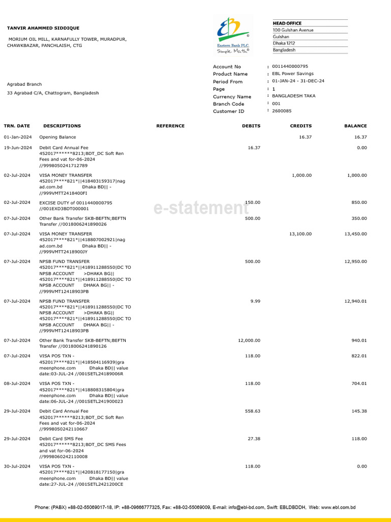 EBL Power Savings Account Statement | PDF | Debit Card | Wire Transfer