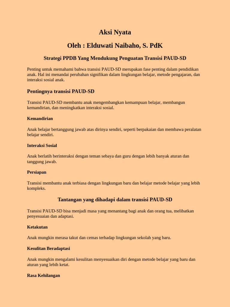 Aksi Nyata Strategi PPDB Yang Mendukung Penguatan Transisi PAUD-SD | PDF