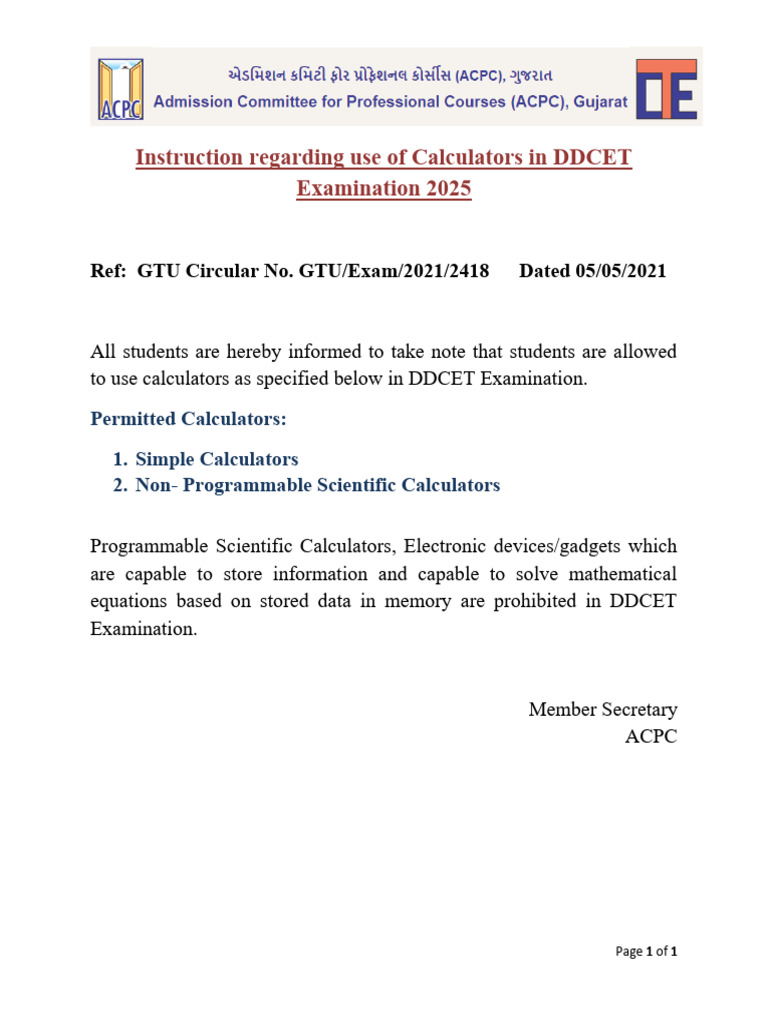 Instruction Regarding Use of Calculators in Ddcet 20251744025789 | PDF