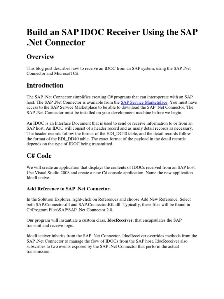 Build An Sap Idoc Receiver Using The Sap Net Connector Pdf Constructor Object Oriented