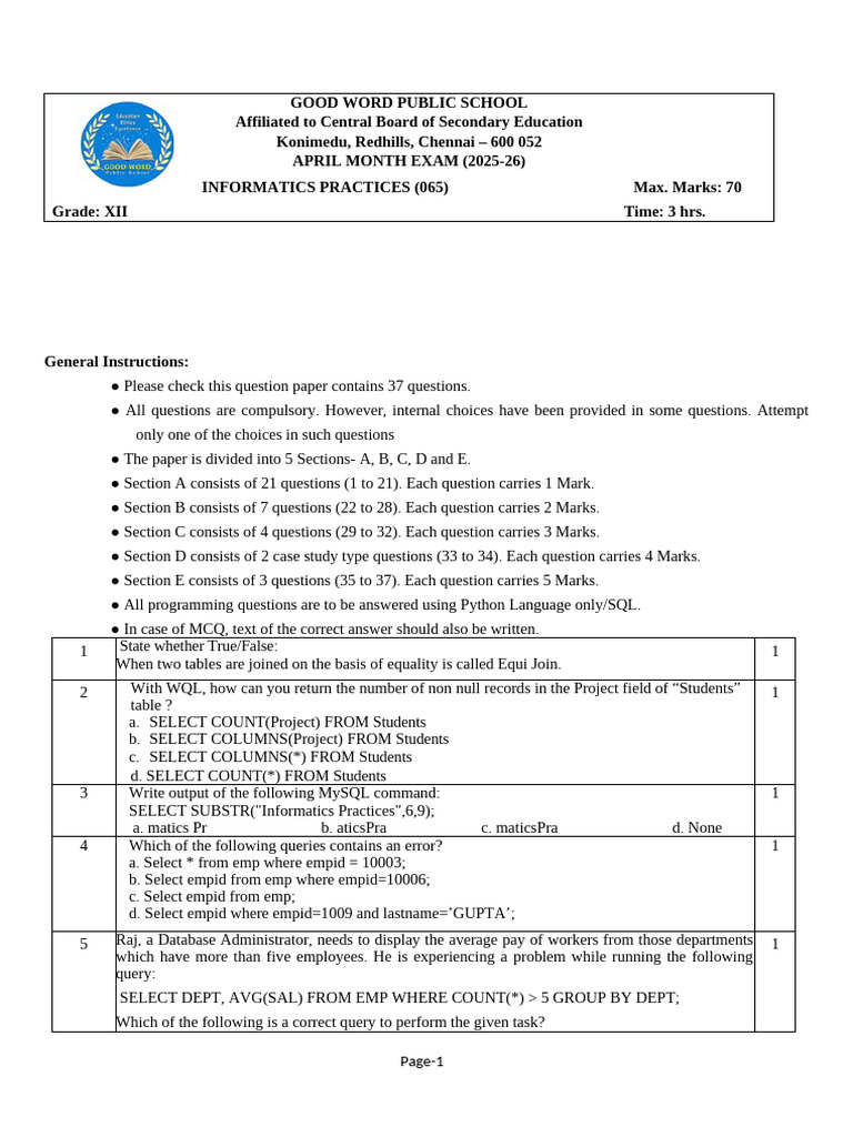 Class Xii - IP (2025-2026) April Month Test | PDF | Sql | Databases