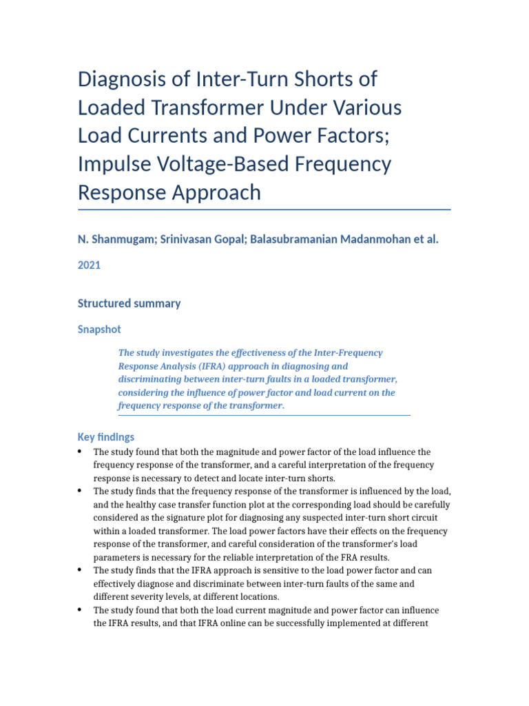Diagnosis of Inter-Turn Shorts of Loaded Transformer Under Various Load Currents and Power ...