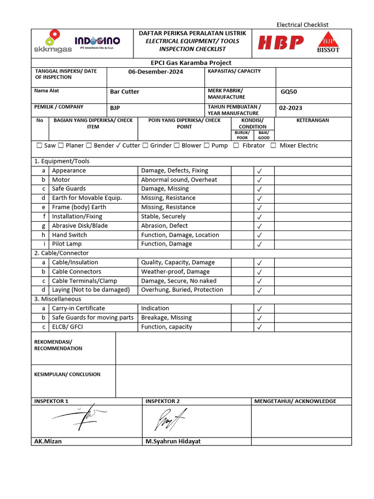 Checklist Electrical Tools Bar Cutter | PDF | Manufactured Goods ...