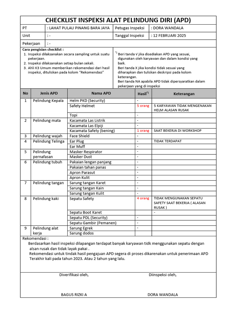 Checklist-Inspeksi-APD PT - LPPBJ | PDF