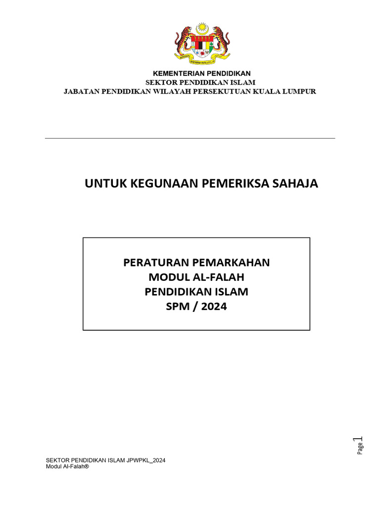 Skema Jawapan Modul Al Falah Pend Islam SPM 2024 JPWPKL (Kegunaan Pemeriksa) | PDF