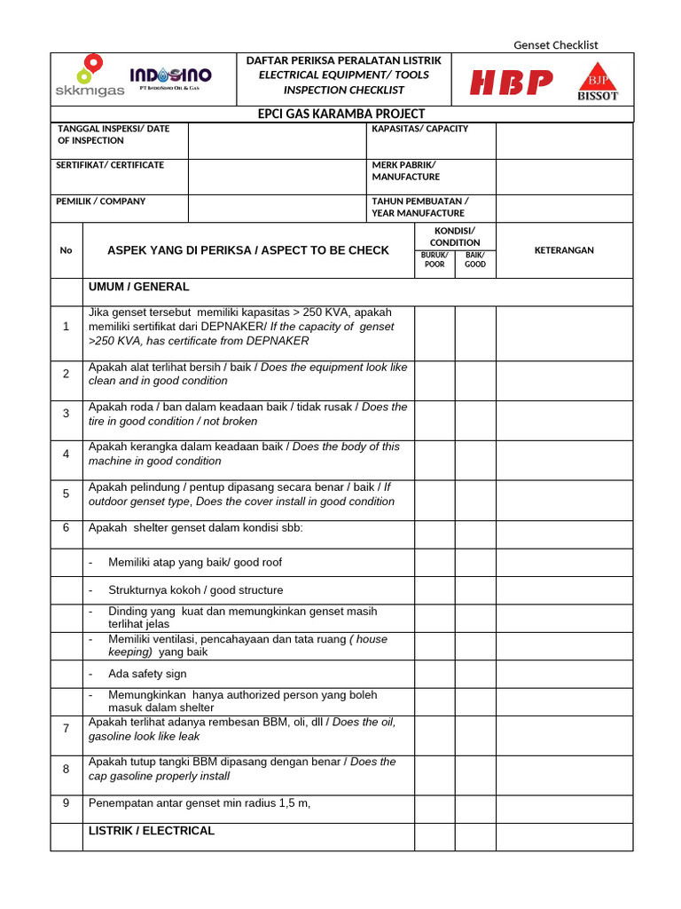 Checklist Inspeksi Genset EPCI | PDF
