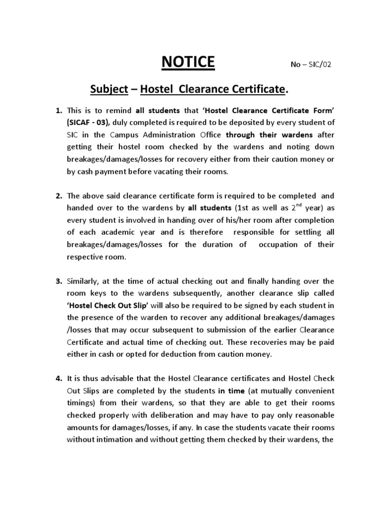 Notice For Hostel Clearance Form