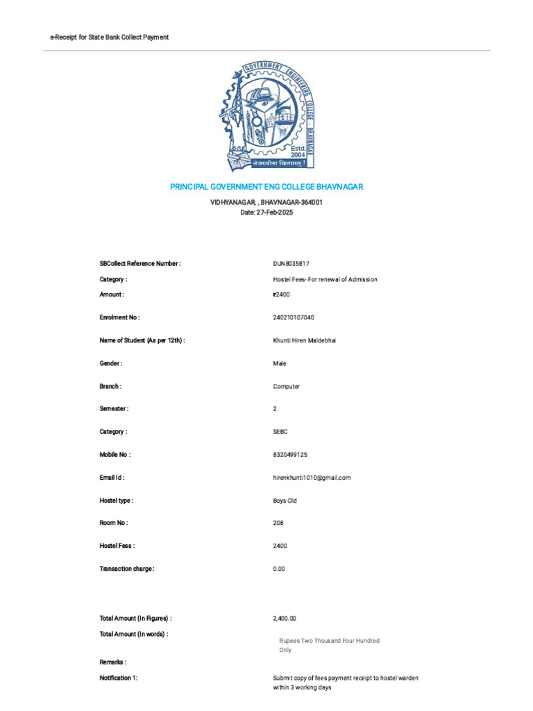 Hostel Fees Sem | PDF