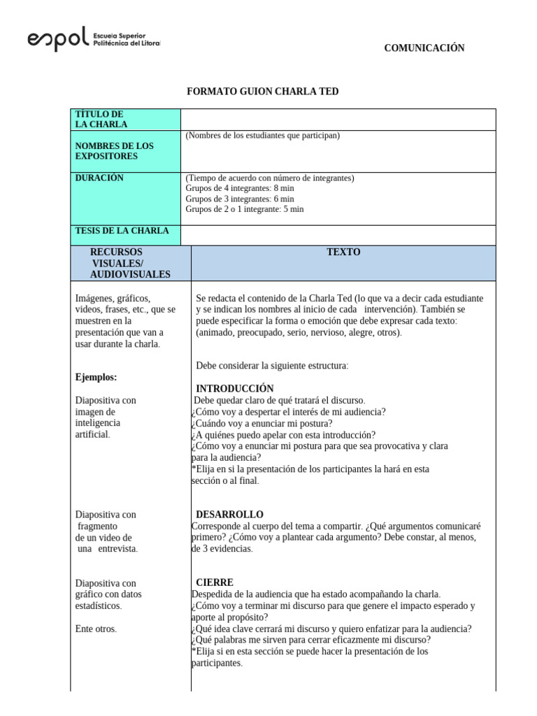 Formato guion Charla Ted 2024 (1) (1) | PDF